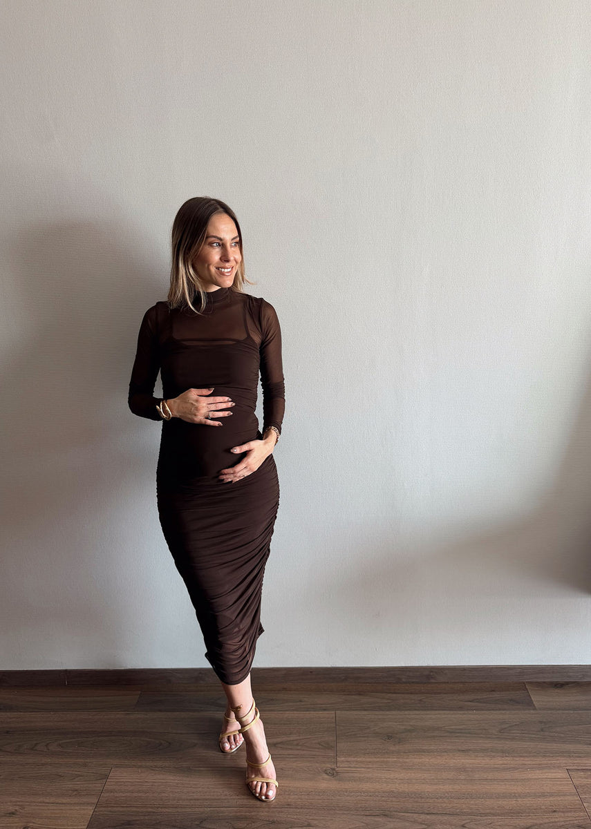 Vestido marrón midi tul elástico – momanshopmx